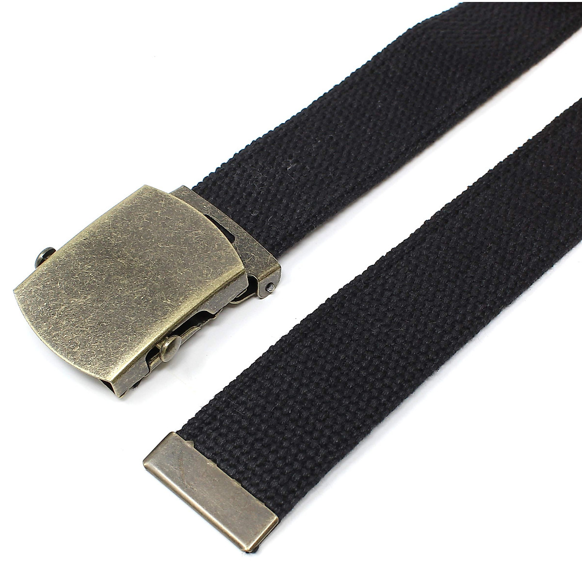 Canvas Web Belt Military Style with Antique Brass Buckle and Tip 50" Long (Black)