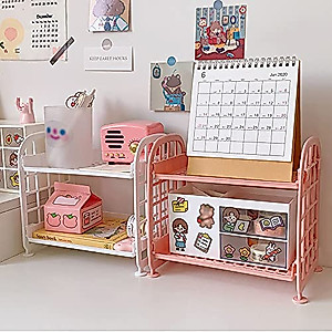 QUMENEY Desktop Rack Cosmetic Stationery Storage Holder, 2-Tier Multifunctional Plastic Shelf Makeup Organizer for Skincare Office Kitchen Bedroom Bathroom Home (Pink)