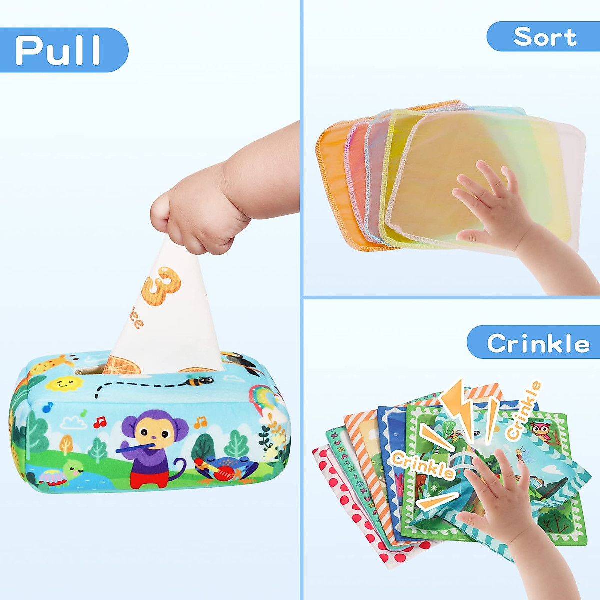 QDRAGON Baby Tissue Box Toy Montessori, 22PCS Tissue Box Toy for Babies 6-12 Months, Baby Crinkle Toys with Soft Crinkle Papers and Silk Scarves, Sensory Pull Toys Gifts for Infants, Newborns