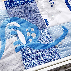 Little Grape Land 3 Piece Baby Crib Bedding Set, Dinosaur Standard Size Crib Set, Nursery Bedding for Boys, Crib Sheet, Comforter, Crib Skirt, 28" x 52", Blue/Grey