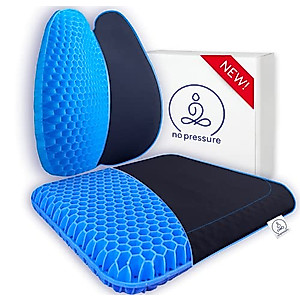 no pressure co™ Premium 100% Gel Cushion Set - Extra Large Wide Gel Seat & Gel Lumbar Support Pillow - Pressure Relief Long Sitting Pain Sciatica - No Sweat Gel for Office Chair Car Seat