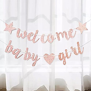 KUNGOON Welcome Baby Girl Party Banner,Rose Gold Glitter Paper Sign for Baby Shower,Baby Girl Party Decoration Gifts.