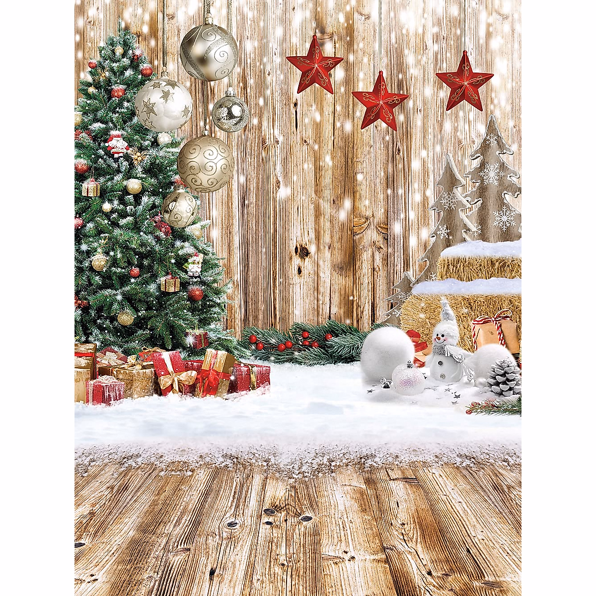 CYLYH 5x7FT Rustic Wood Snow Backdrop for Christmas Party & Family Gathering