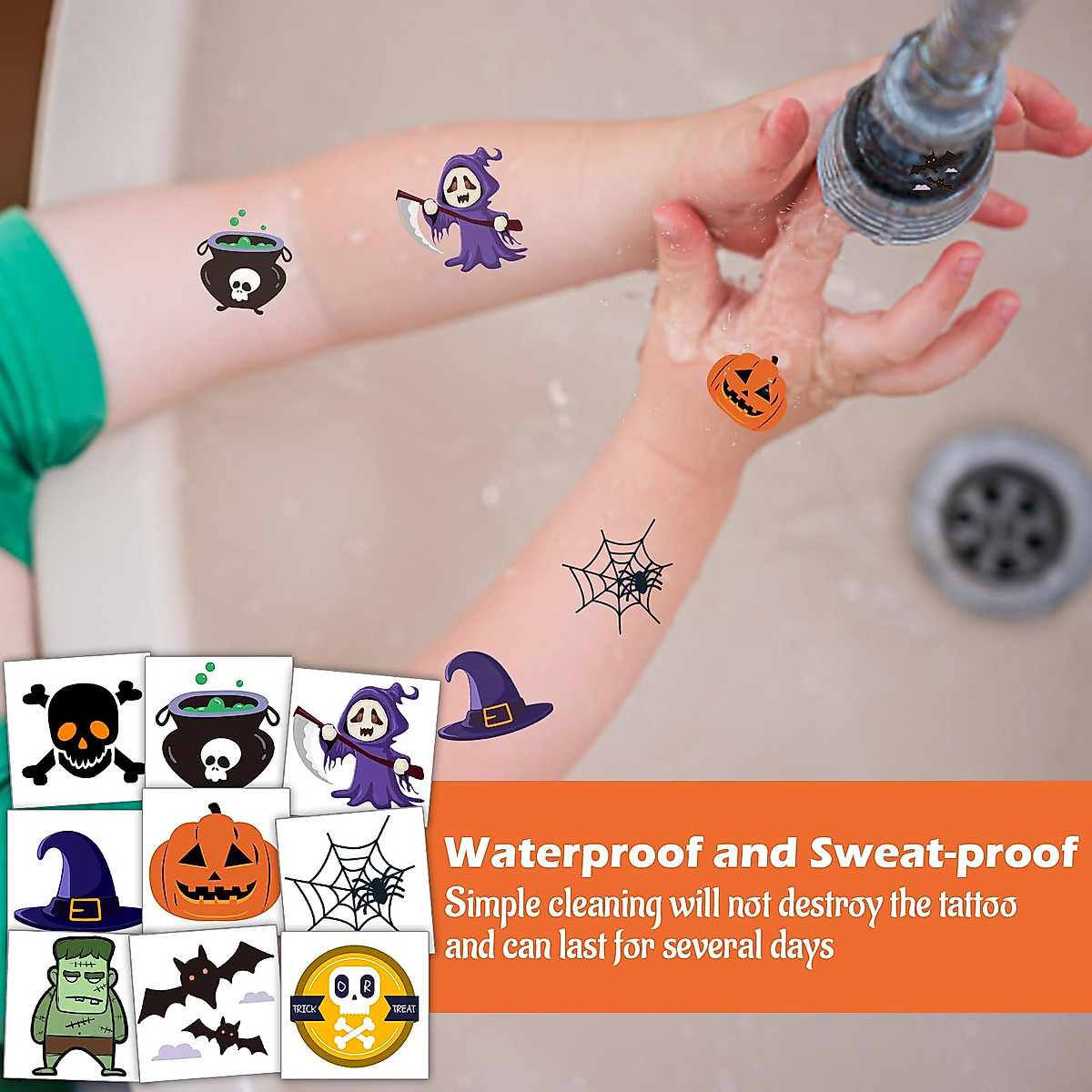 180pcs 60 Designs Halloween Temporary Tattoos for Kids, Children Fake Tattoos Stickers Party Supplies, Pumpkin Lantern Ghost Vampire Tattoo Body Sticker Halloween Party Themed Accessory Decorations