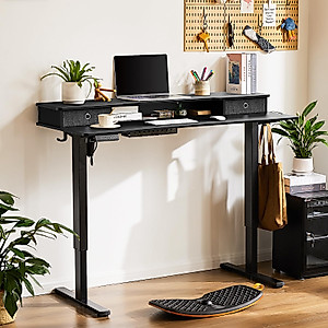 DUMOS Electric Sti to Standing Desk with Drawer,40 x 24 in Ergonomic Computer Table with Splicing Board, Wire Hole and Hook for Workstation for Home, Black & Shelf
