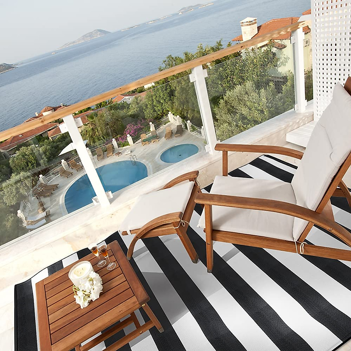 Pcinfuns Plastic Straw Rug,Patio Rugs RV Camping Rug Reversible Mat,6'x9' Large Floor Mat and Rug for Outdoor,Black and White Stripes