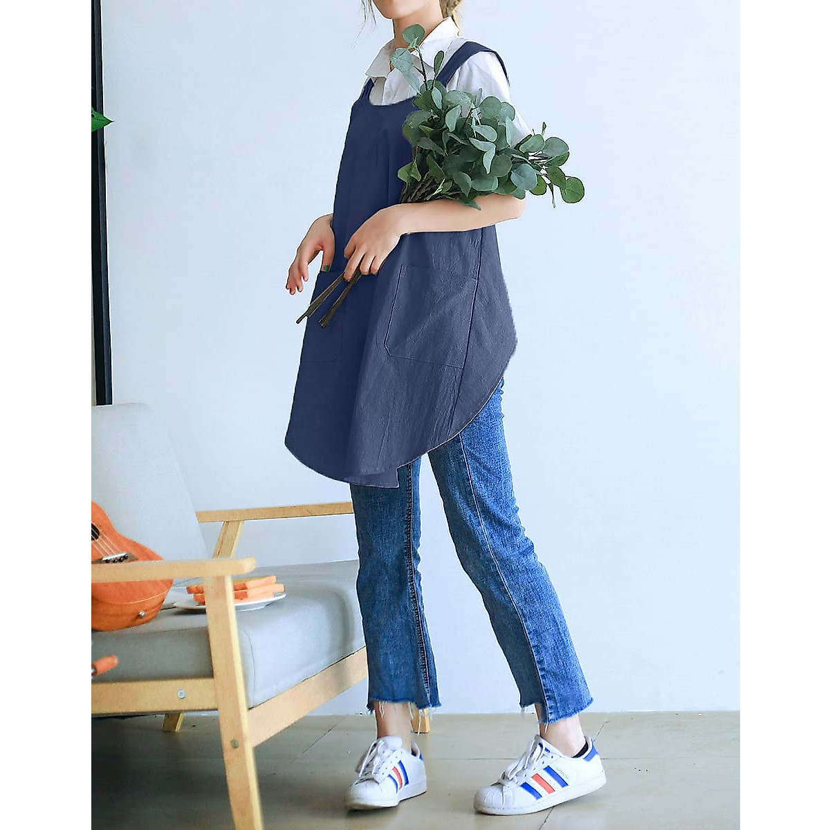 losofar Soft Cotton Linen Apron Cross Back X-Shaped Japanese Style Pinafore Dress for Cooking, Housewarming, Daily Chores (darkblue, (28.3"x 35.4"))
