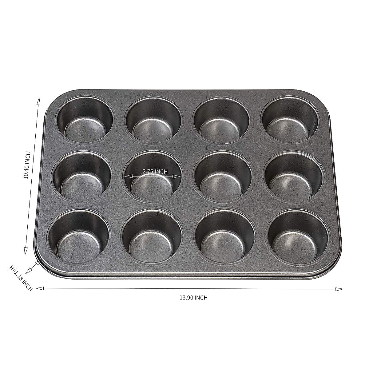 12 Cups Muffin and Cupcake Pan, Nonstick Brownie Cake Pan, Carbon Steel bakeware for Oven Baking Gray
