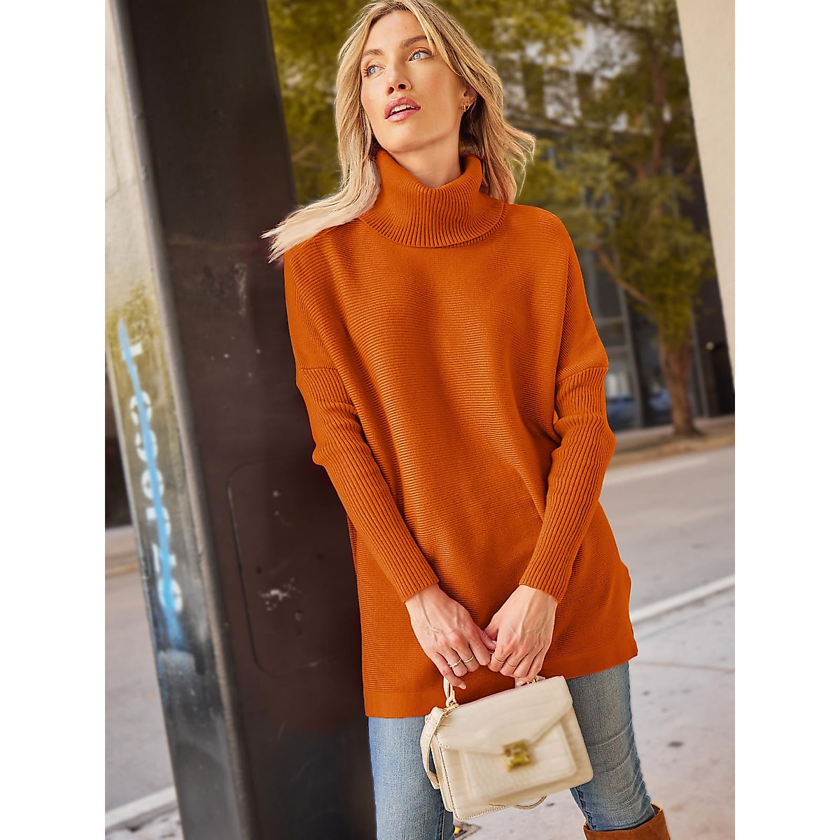 LILLUSORY Orange Turtleneck Oversized Sweaters Long Batwing Sleeve Tunic Pullover Sweater Knit Tops
