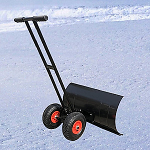 Snow Pusher, Snow Shovel with Wheels, 29" Wide Snow Plow Shovel Wheeled, Double Push Rod Design, Angle and Height Adjustable, Snow Shovel for Driveway Garden Pavement