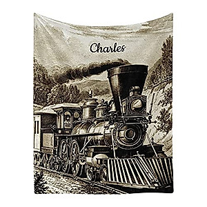 Steam Train Personalized Blankets Custom Super Soft Fleece Blanket with Name 50'' x 60'' Throws for Men Women Wedding Gifts