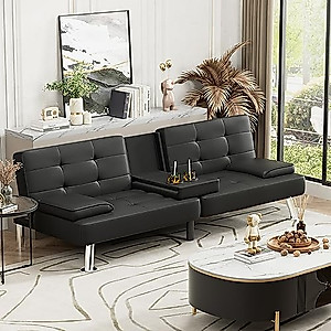 JUMMICO Faux Leather Upholstered Modern Convertible Folding Futon Sofa Bed with Removable Armrests, Adjustable Recliner Couch Bed Loveseat with 2 Cup Holders for Living Room
