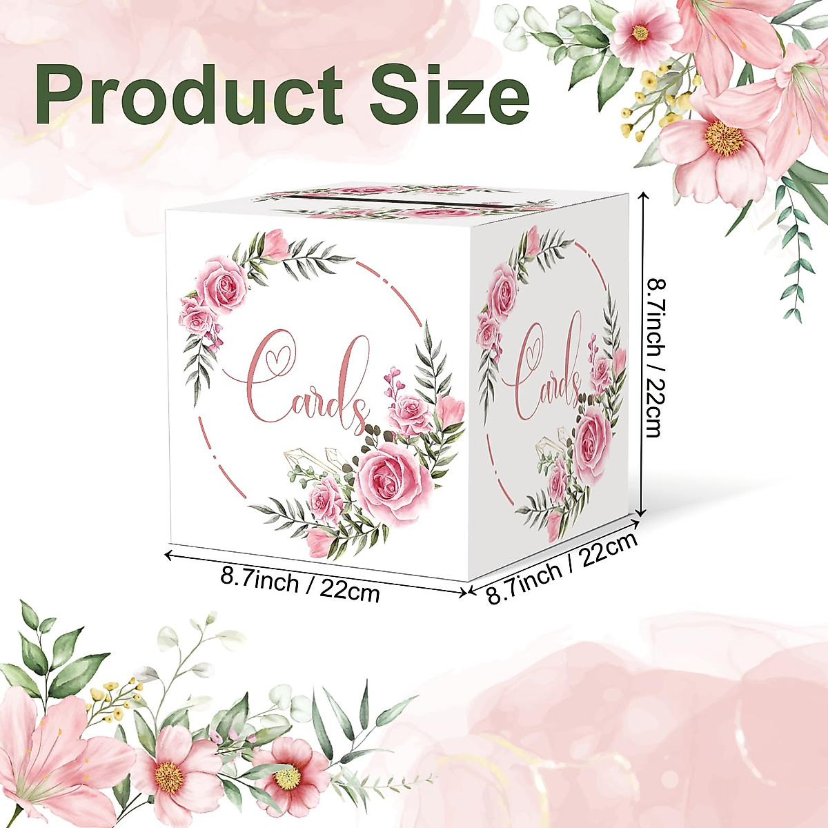 Watercolor Rose Floral Card Box Wedding Card Box Holder Gift Cards Receiving Box for Party Graduation Bridal or Baby Showers, Raffle Ticket Box Money Box for Birthday Retirements Anniversaries