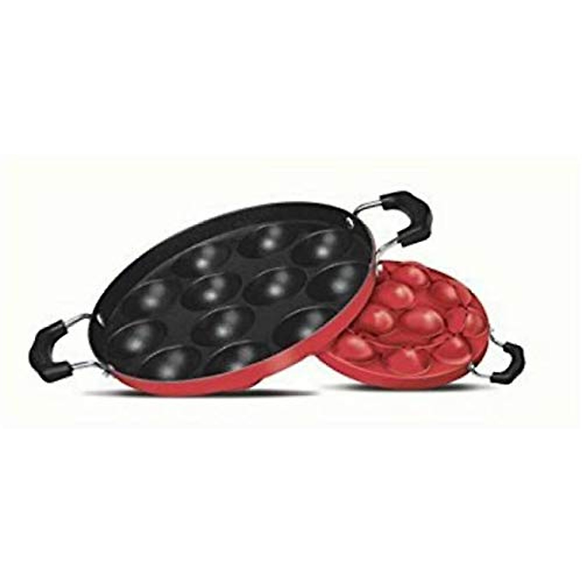 Non-Stick 12 Cavity Appam Patra Paniyarakkal,Nonstick cookware Appam Patra Paniyaram with Stainless Steel Without Lid 12 Cavity (Red with Handle)