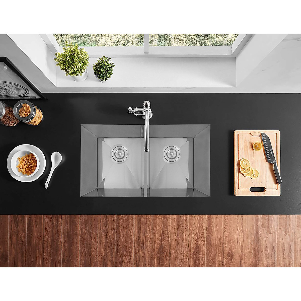 KABCO 32 Inch 16 Gauge Extra Thick Undermount Zero Radius Double Bowl Handmade Kitchen Sink with Stainless Steel Sink Strainers Bottom Sink Grids and a Rolling Grid Combo Package