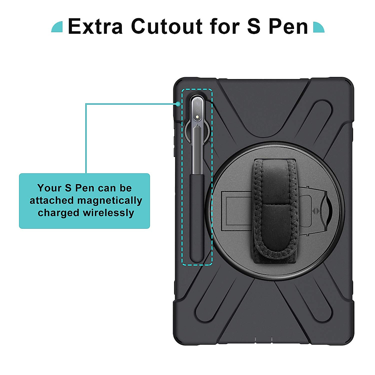 ProCase Galaxy Tab S8 Plus 2022 / S7 Plus 12.4” 2020 Case with S Pen Holder (Model SM-X800/X806/T970/T975), Rugged Heavy Duty Shockproof Case with Hand Strap Rotating Kickstand Protective Cover–Black