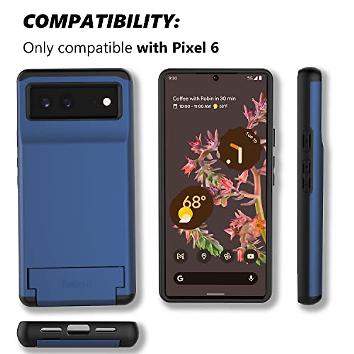 Teelevo Dual Layer Wallet Case for Google Pixel 6, Protective Case with 3-Card Storage for Google Pixel 6 - Navy Blue