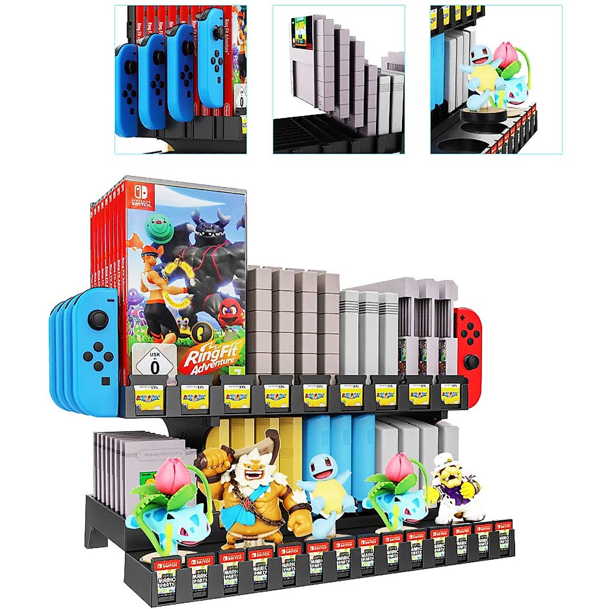Skywin- Retro Cartridge Game Holder Compatible with Nintendo Gameboy, Video Game Storage, NES, N64, and 3DS Games, Includes Slots for Switch Tablet, Joycon Controllers, and Amiibo Display
