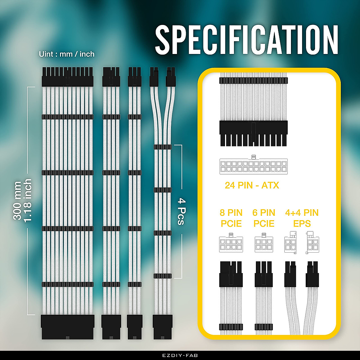 EZDIY-FAB Sleeved Cable - Cable Extension for Power Supply with Extra-Sleeved 24-PIN 8-PIN 6-PIN 4+4-PIN with Combs- White