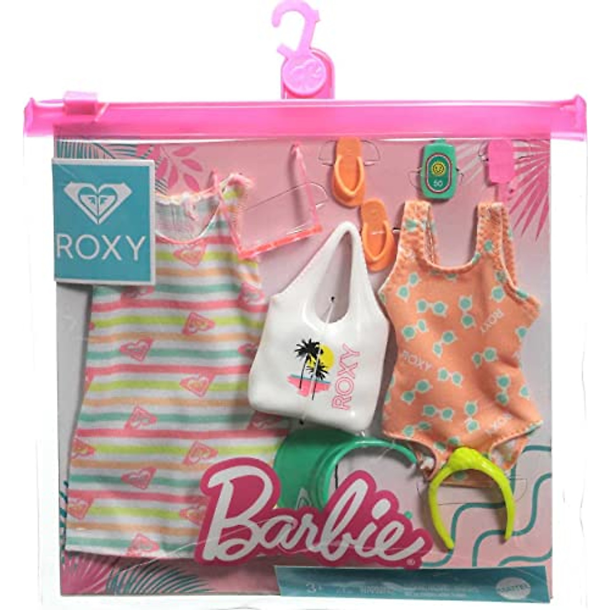 Barbie Storytelling Fashion Pack of Doll Clothes Inspired by Roxy: Striped Dress, Roxy Swimsuit & 7 Beach-Themed Accessories Including Frozen Treat, Gift for 3 to 8 Year Olds