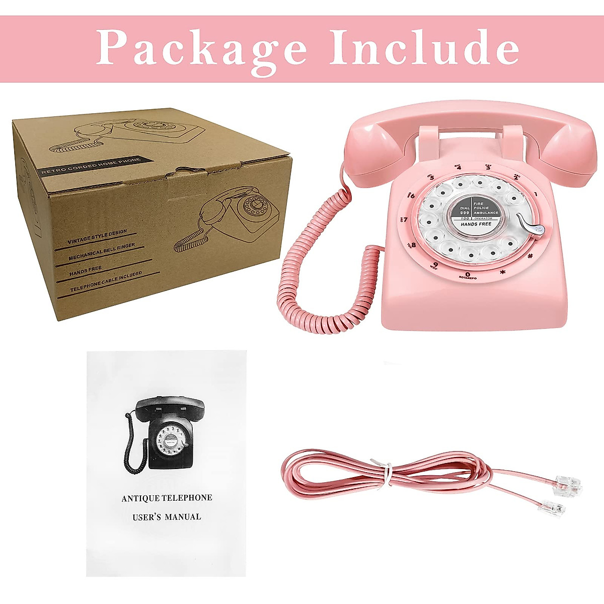 GloDeals 1960's Style Pink Retro Rotary Phone Old Fashioned Dial Retro Landline Phones for Home Decor Collector Gifts