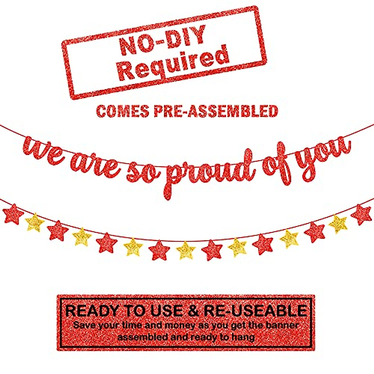 We Are So Proud Of You Banner, Glitter - Big 10 Feet with Star Garland | Graduation Banner for Red and Gold Graduation Party Decorations | Congratulations Decorations | Red Graduation Decorations 2023