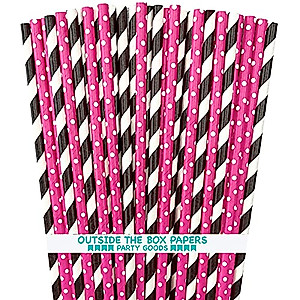 Outside the Box Papers Diva Theme Stripe and Polka Dot Paper Straws 7.75 Inches 100 Pack Hot Pink, Black, White