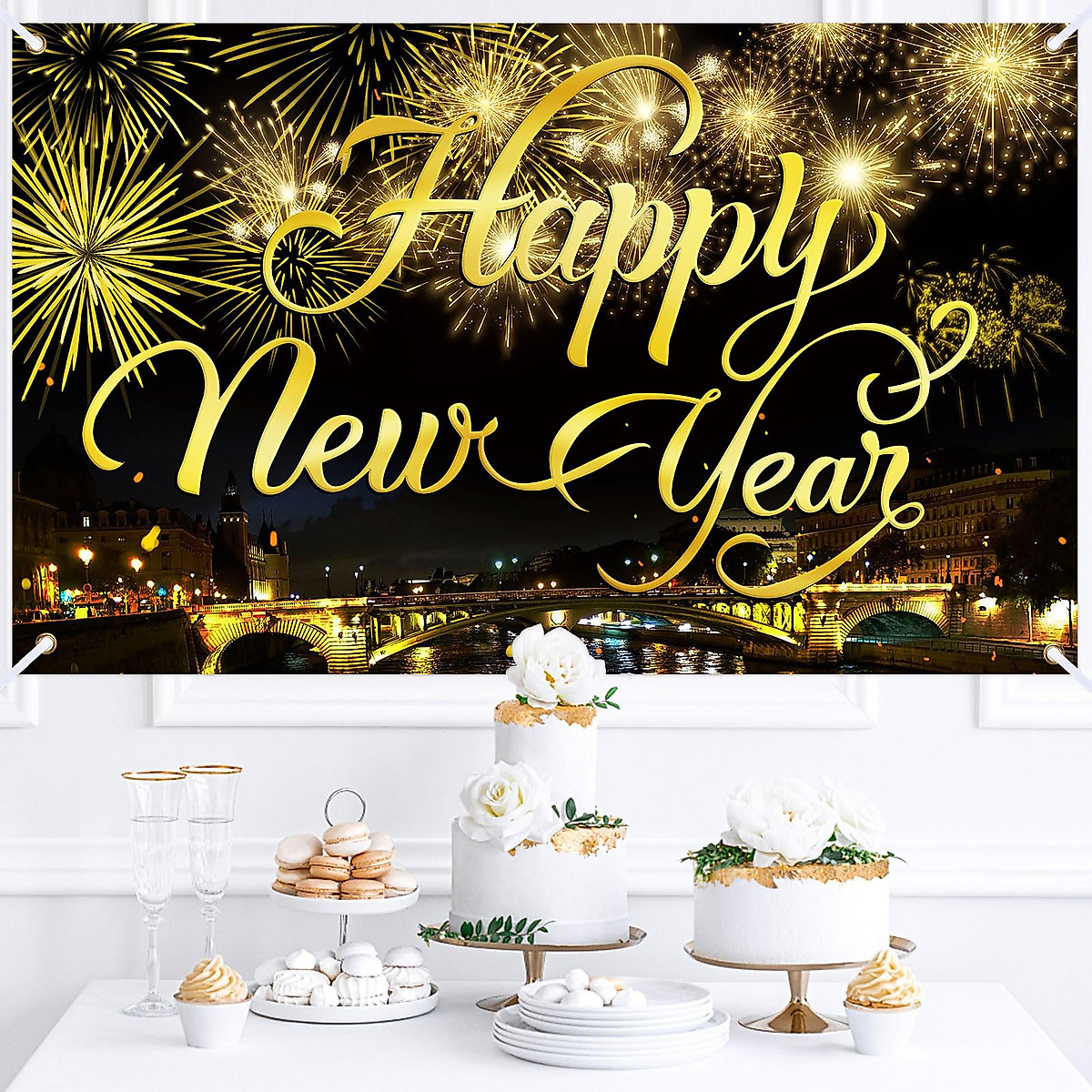 Happy New Year Party Backdrop Fabric Sign Poster Banner with Pattern Firework for New Year Party Decoration Photo Props Background Supplies