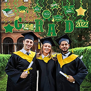 46 Pieces, XtraLarge Graduation Hanging Decorations - Graduation Swirls | Happy Graduation Banner Green and Gold - 72x44 Inch | Green and Gold Graduation Decorations 2022 | Graduation Backdrop