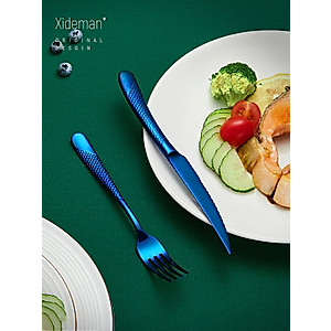 Xideman 16-Piece ​Modern Blue Hammered Silverware Set with Ultra Sharp 2-IN-1 Serrated knife, 18/10 Stainless Steel Flatware Set, Utensil Cutlery Set for 4 Person, Forks Spoons Knives Set