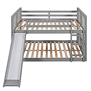 ERDAYE Full Over Full Bunk Bed with Slide and Ladder, Wood Bunkbed w/Safety Guardrails, Solid Slat Support Bedframe for Kids Teens, No Box Spring Needed, Grey