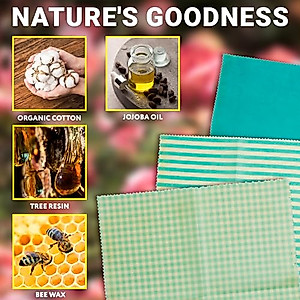 EZGOODZ Reusable Beeswax Wrap S, M, L. Pack of 3 Beeswax Food Wraps. Washable Reusable Wax Food Wrap with Blue Bee Print. Organic Bee Wax Paper Food Wrap for Sandwiches. Wax Wraps for Food Reusable