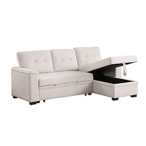 Lilola Home Lucca II 84.5" W Beige Woven Fabric Reversible Sleeper Sectional Sofa with Storage Chaise and Pocket Coil Seating