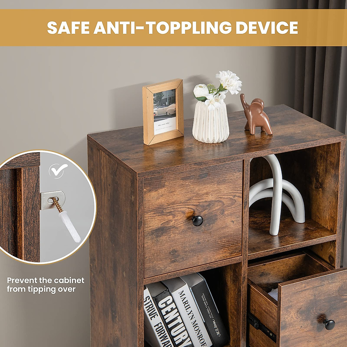 IFANNY 6 Cube Bookcase, 3 Tier Bookshelf with Drawers, Wood Storage Shelves, Modern Display Shelf, Cubical Book Cases, Small Book Shelf for Bedroom, Living Room, Home Office (Rustic Brown)