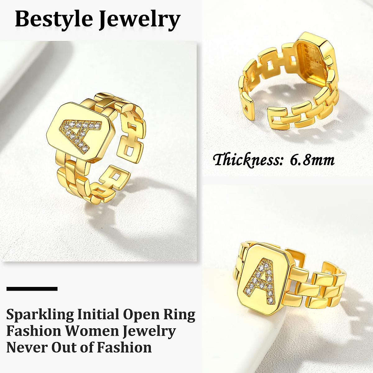 Bestyle Gold Cuban Chain Initial Ring Adjustable Fashion Signet Rings for Women Alphabet Letter E Resizable Knuckle Open Ring, Stackable Rings Fit #6-#12