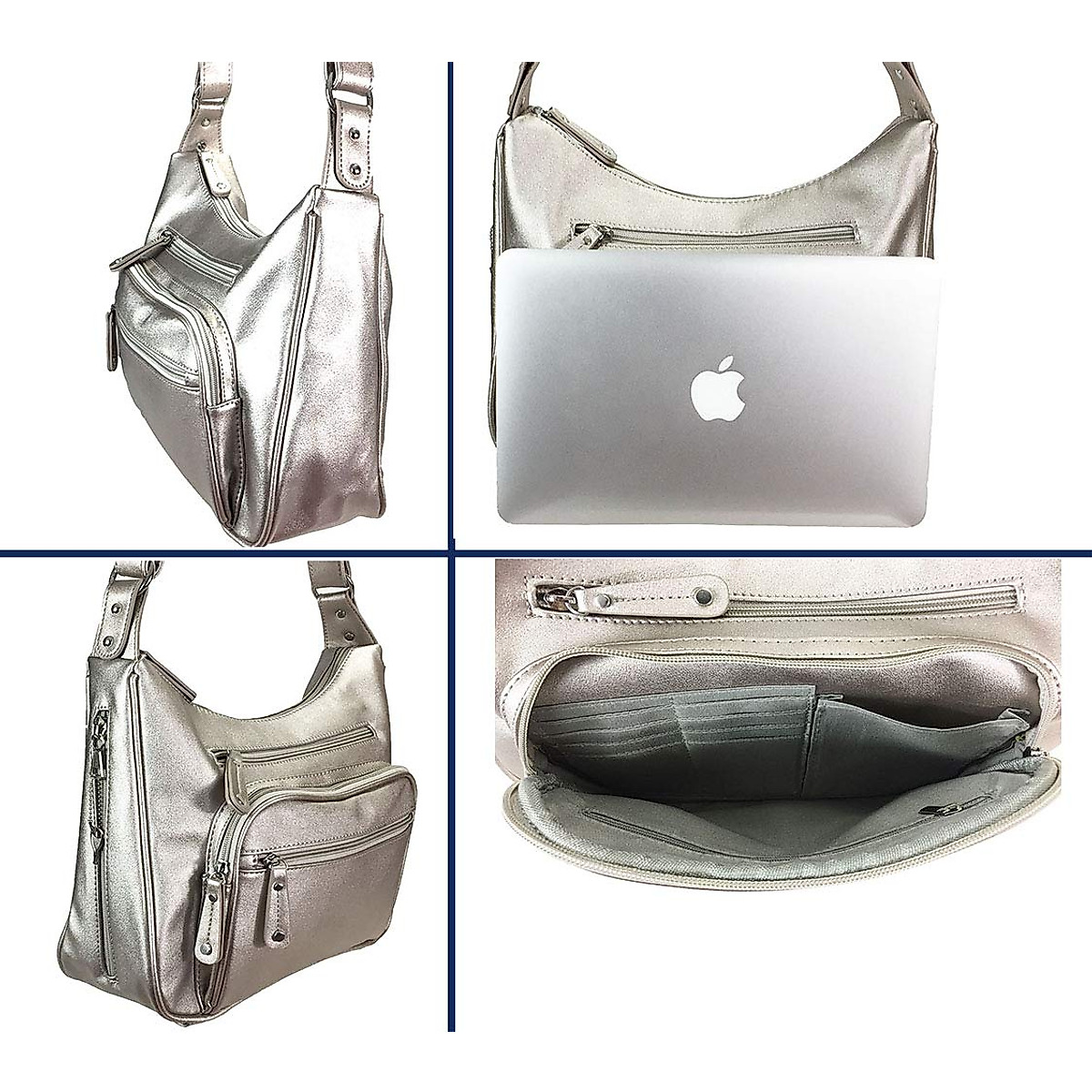 Zzfab Fashion Locking Concealed Carry Big Hobo Bag CCW Cross Body Bag with Credit Card Slots Pewter