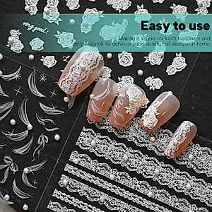CESTSIREN 3 Sheets White Nail Art Stickers 5D Embossed Flower Lace Ribbon Nail Decals for Nail Art Design Pearl Nail Accessories for Women Nail Art Supplies