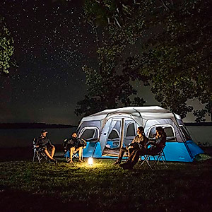CORE 12 Person Instant Cabin Tent with LED Lights | Large 3 Room Family Lighted Pop Up Tent for 2 Minute Camp Setup | Included Storage Pockets for Camping Accessories