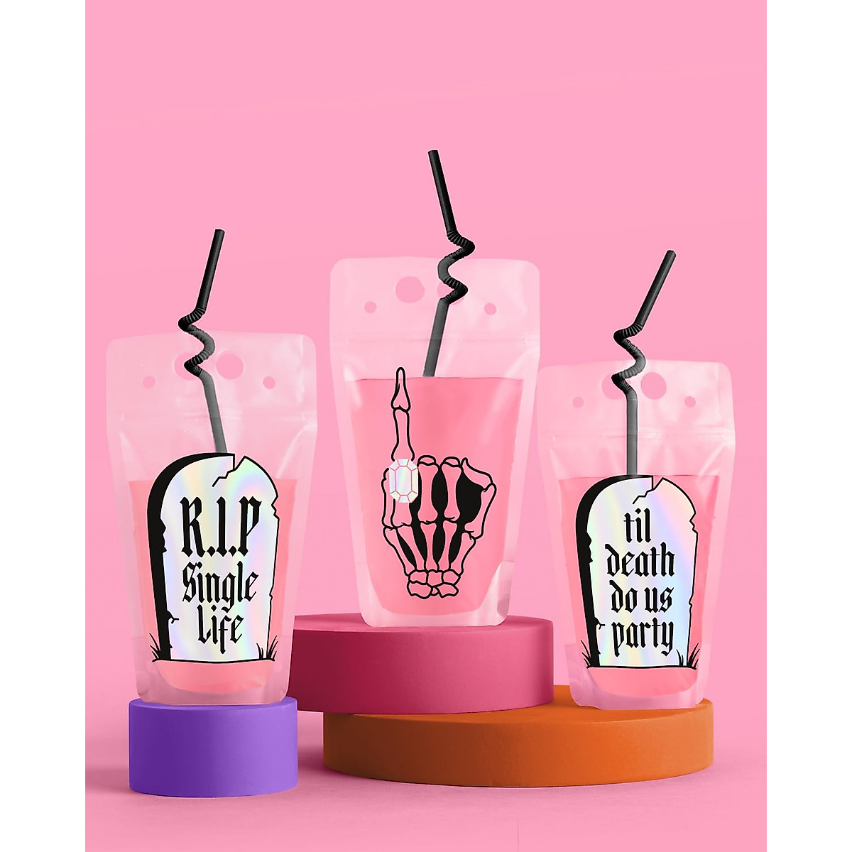 xo, Fetti Bachelorette RIP Single Life Drink Pouches - 15 pcs, Iridescent | Bachelorette Party Decorations, Bride or Die Drinkware, Bridesmaid Favor, Til Death Do Us Party + Bridal Shower Supplies