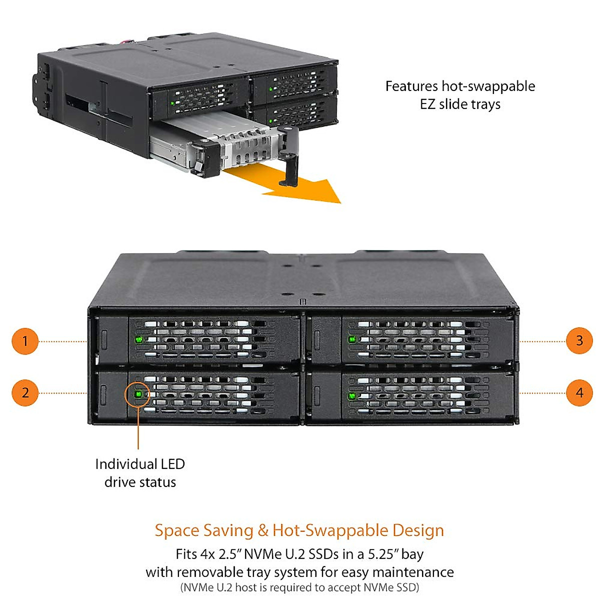 ICY DOCK 4 Bay 2.5 NVMe U.2/U.3 SSD PCIe 4.0 Rugged Mobile Rack Enclosure for 5.25" Bay (4 x Mini-SAS HD) | ToughArmor MB699VP-B