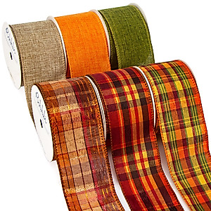 Ribbli Fall Burlap Ribbon,Natural/Orange/Sage Green/Fall Color Plaid Wired Ribbon, 2 Inch x 6 Rolls Total 30 Yard, Fall Wired Ribbon for Big Bow,Wreath,Outdoor Decoration