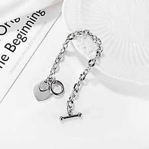 Jukoclut Stainless Steel Cubic Zirconia Heart Charm Toggle Clasp Chain Bracelets for Women Silver