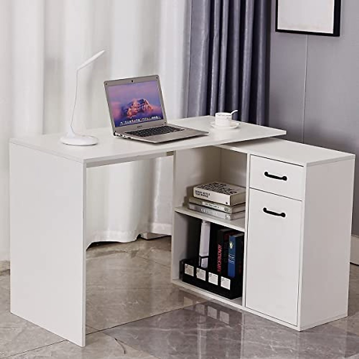VANSPACE L-Shaped Rotating Computer Desk 68 inch with Storage Shelves Home Office Corner Desk with Drawers and File Cabinet Multipurpose Study Writing Table for Bedroom Small Space White