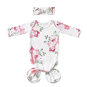 Mikccer Baby Newborn Knotted Gown 0-6 Months, Soft Breathable Sleeper Gowns, Babies Girl Coming Home Outfit Infant Watercolor Flowers Nightgowns with Headband Set