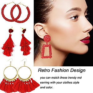 PRENDI 4 Pairs Red Earrings for Women Layered Tassel Earrings Bohemian Hoop Tassel Earrings Red Beaded Hoop Earrings (Red)