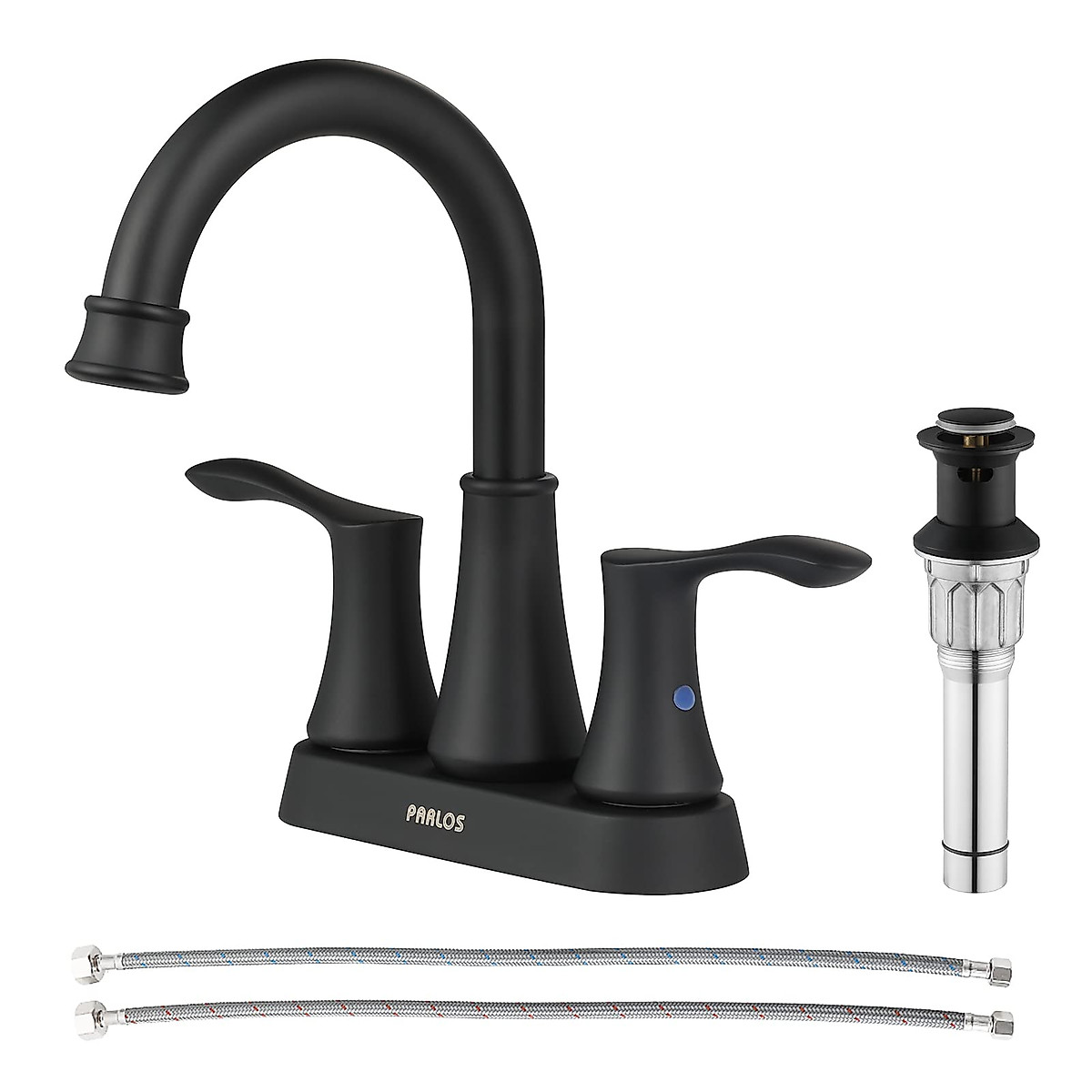 PARLOS 2-Handle Bathroom Sink Faucet High Arc Swivel Spout with Metal Drain Assembly and Faucet Supply Lines, Matte Black, Demeter 14134