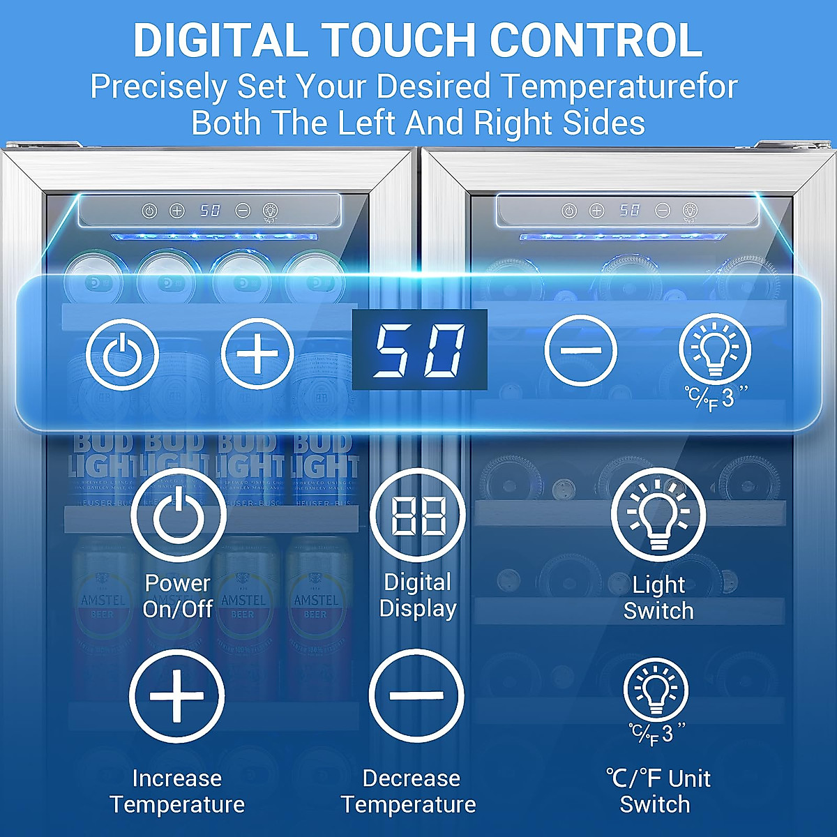 AAOBOSI 30 Inch Wine and Beverage Cooler, 31 Bottles & 110 Cans Wine Fridge, Glass Door Dual Zone Wine Refrigerator Freestanding and Built-in, Digital Temperature Control, Blue LED Display Light