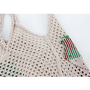 Women Y2K Crochet Tote Bag Hobo Aesthetic Bag Trendy Strawberry Knitted Shoulder Bags Mesh Hollow Tote Bag (Apricot)