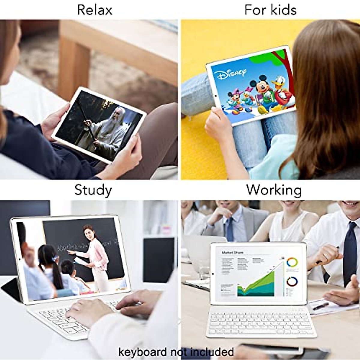 POWMUS 10 Inch Tablet Android 10 Phone Tablet, Tablet with Dual SIM, 32GB Quad Core, IPS Touchscreen, 8MP Rear Camera WiFi GPS Bluetooth USB C, Support 3G Phone Call, Include Tablet Leather Case