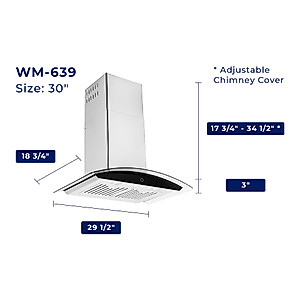 Hauslane | Chef Series Range Hood 30" WM-639 Wall Mount Range Hood | Contemporary Stainless Steel Tempered Glass Stove Ventilation | 3 Speed, Touch Control, Baffle Filters| Vented or Ductless